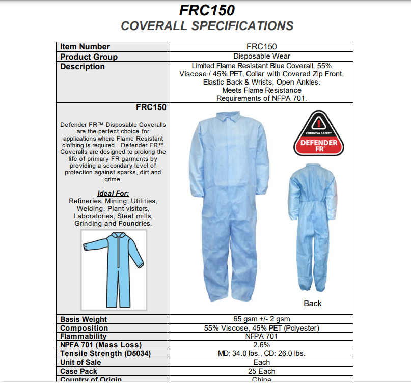 Cordova Safety FRC150 Disposable Coveralls w/ Collar (25/CS)